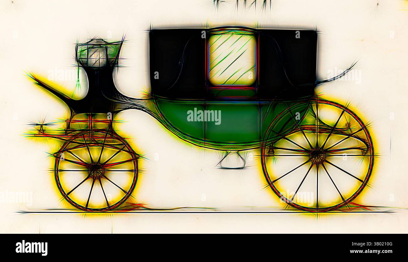 A vintage horse-drawn carriage features ornate wheels and a distinct ...