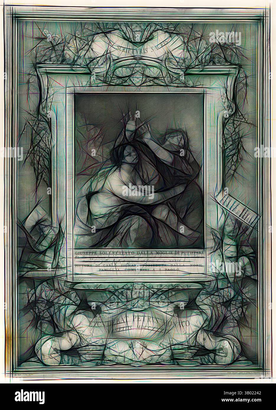 An intricate artwork features a central scene of two figures entwined ...