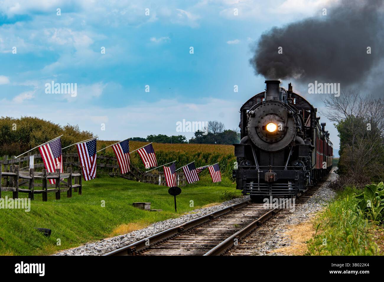 A classic steam train makes its way through a picturesque rural ...