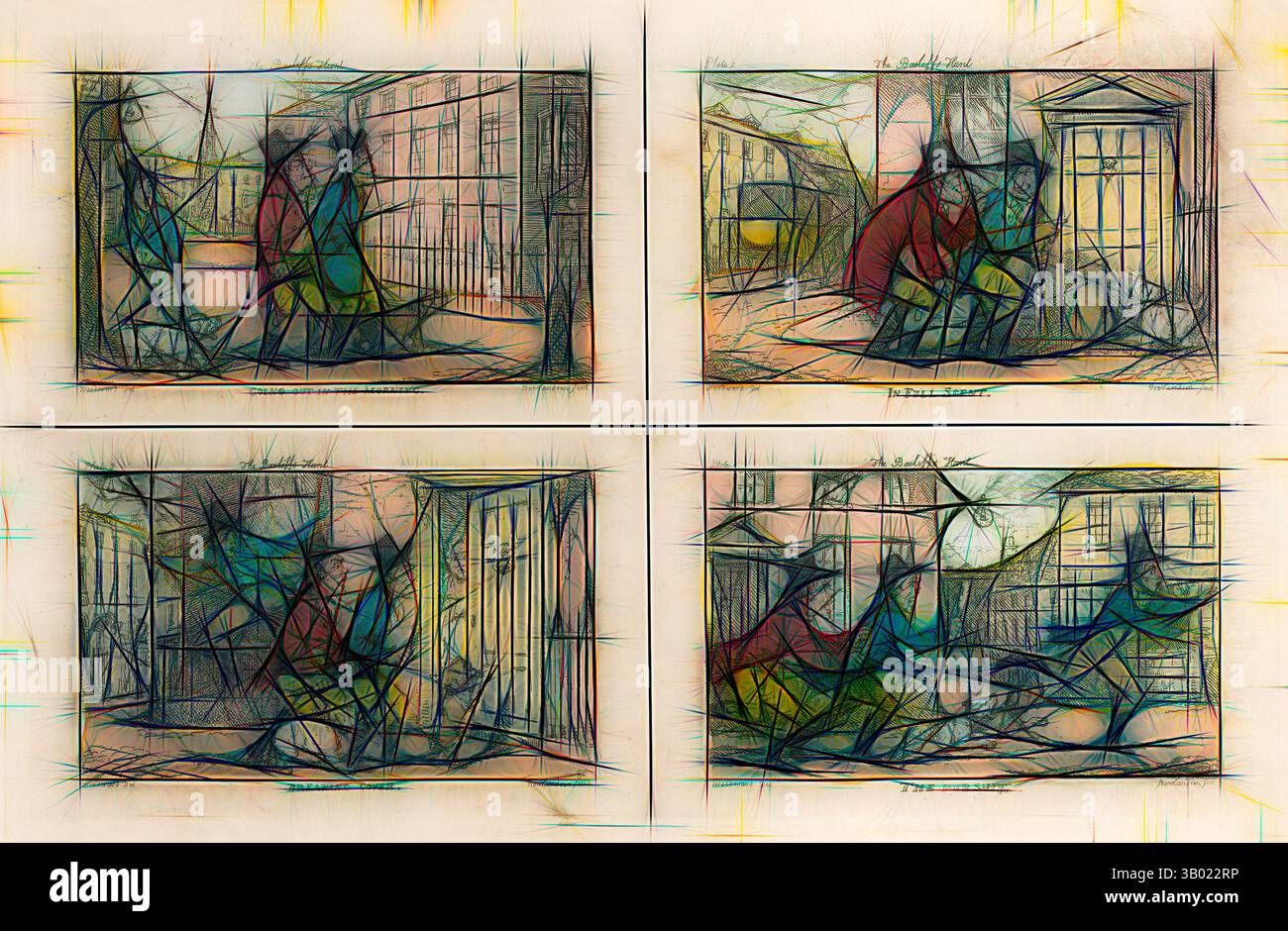 A series of abstract scenes depicting figures in motion, layered with ...