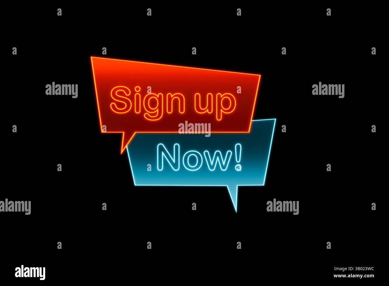 Sign up now Sign up now Illuminated neon speech bubble, orange and blue ...