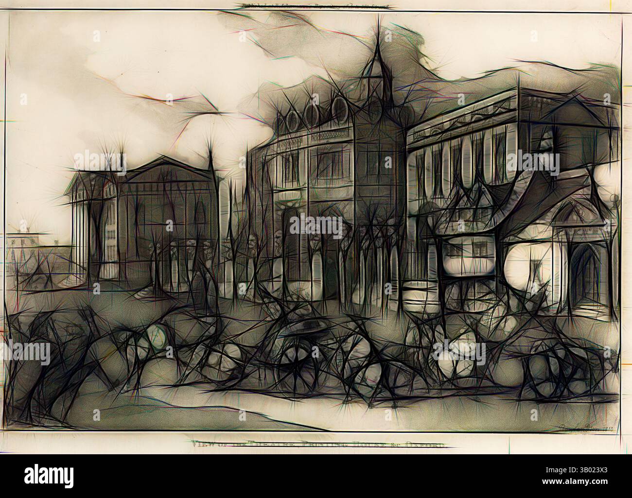 A stylized architectural scene featuring a mix of grand buildings with ...