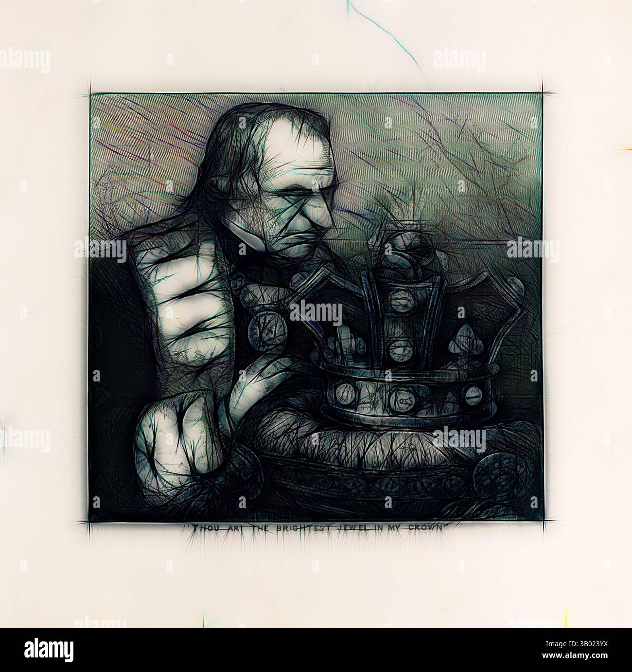 A somber figure contemplates a crown, embodying a mix of authority and ...
