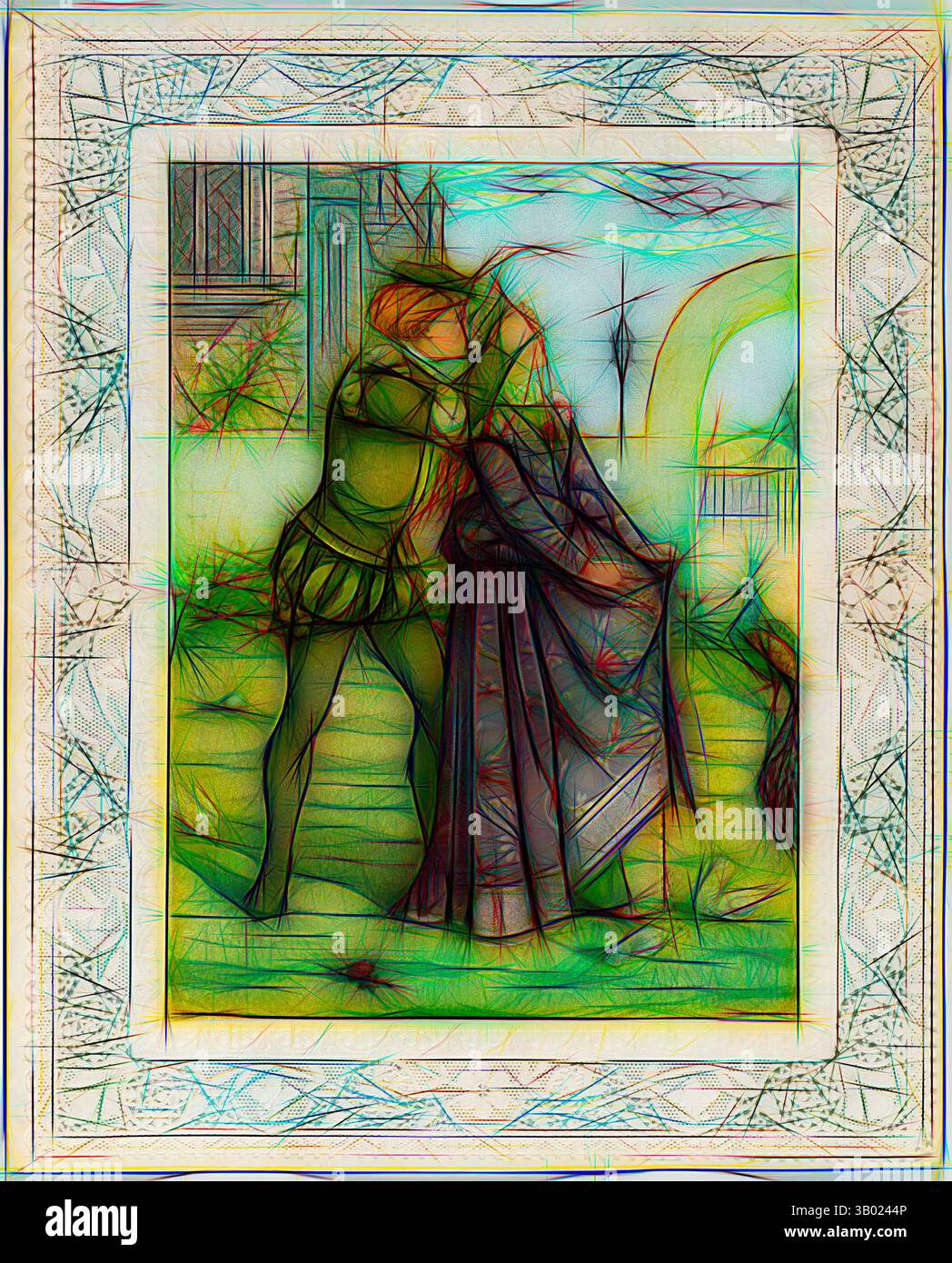 A romantic embrace between two figures, surrounded by a lush landscape ...