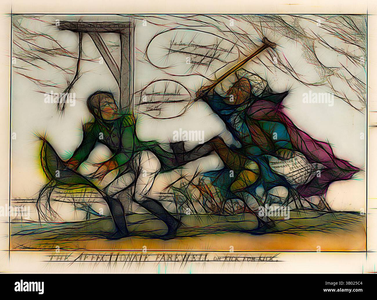 A dynamic scene depicts two figures engaged in a struggle, their ...