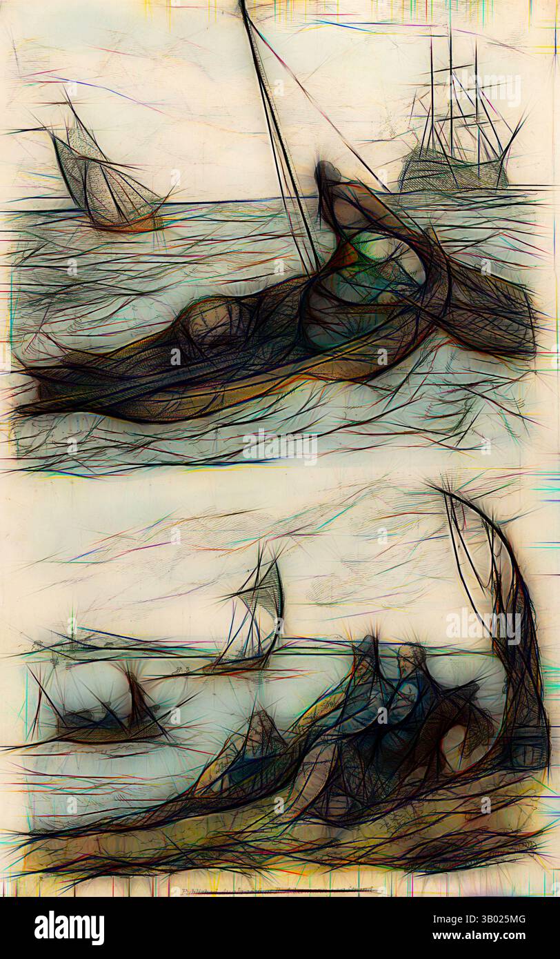 A whimsical representation of a seafaring scene, featuring abstract ...