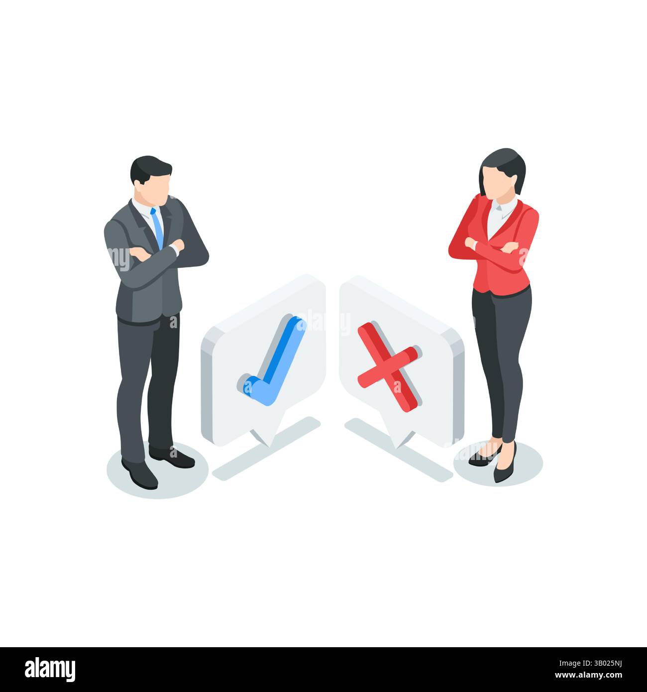 isometric vector business man and woman near cross and check mark icons ...
