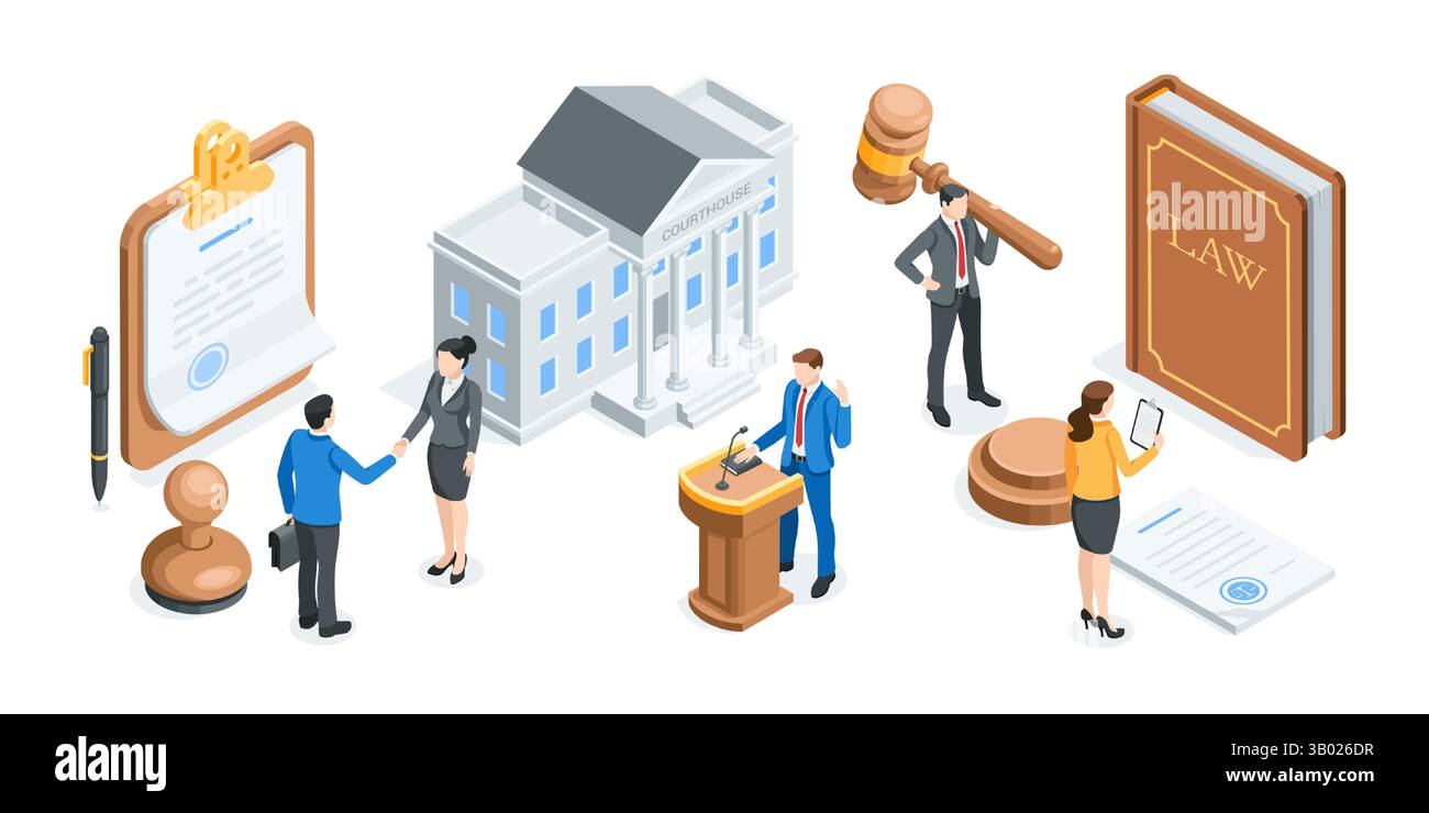 isometric vector concept on the theme of court and law, in color on a ...