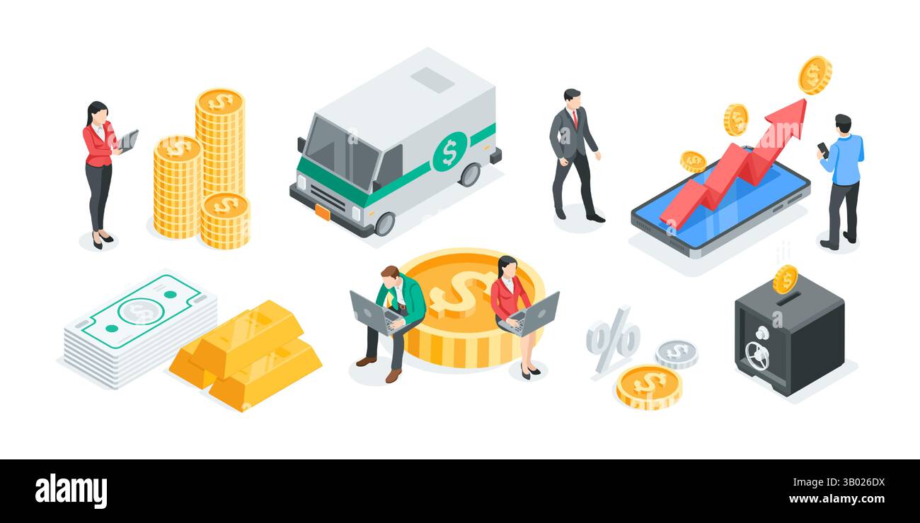 isometric vector business concept with people and icons of money with ...