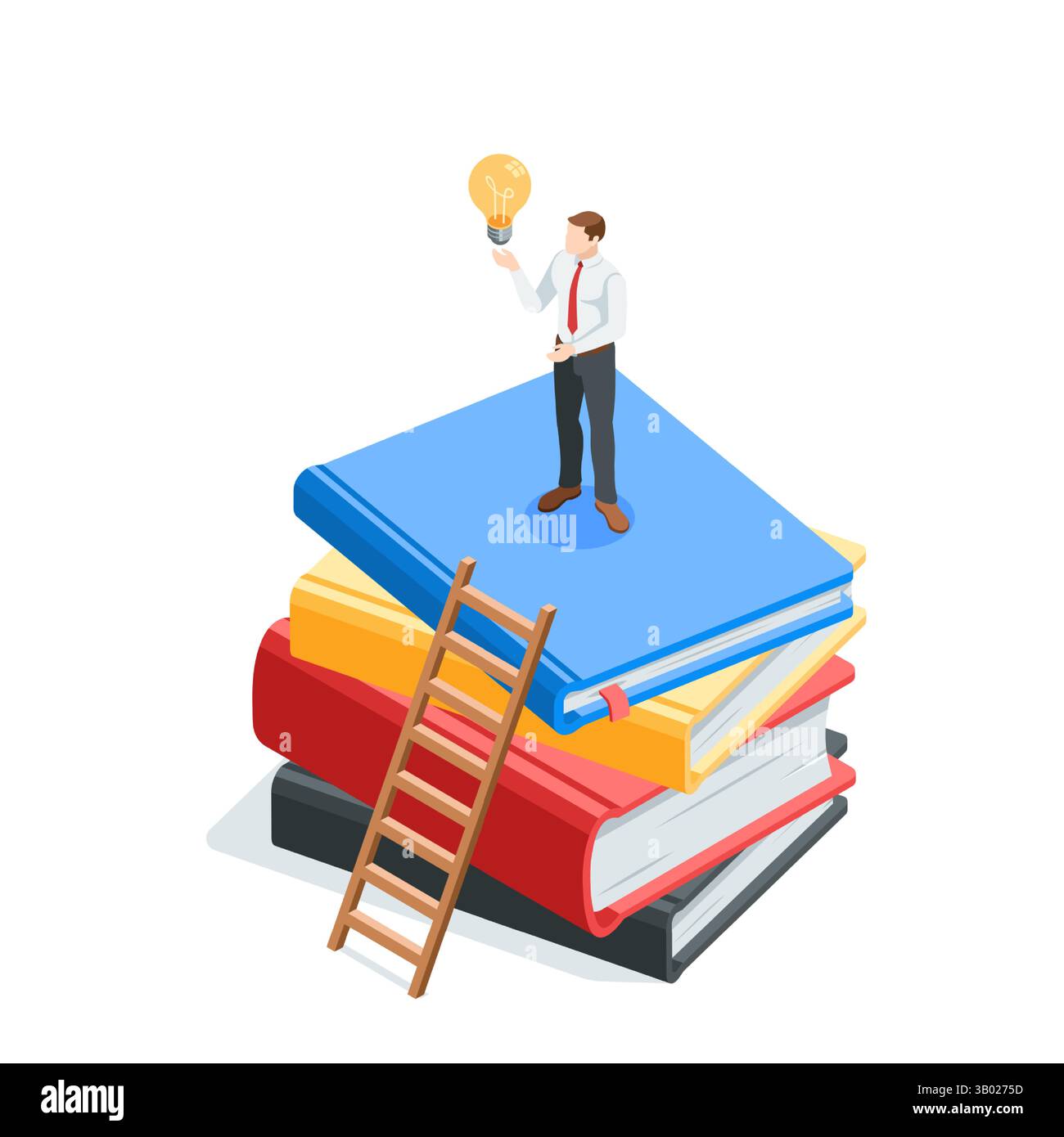 isometric vector man with light bulb on stack of books and ladder, in color on white background ...