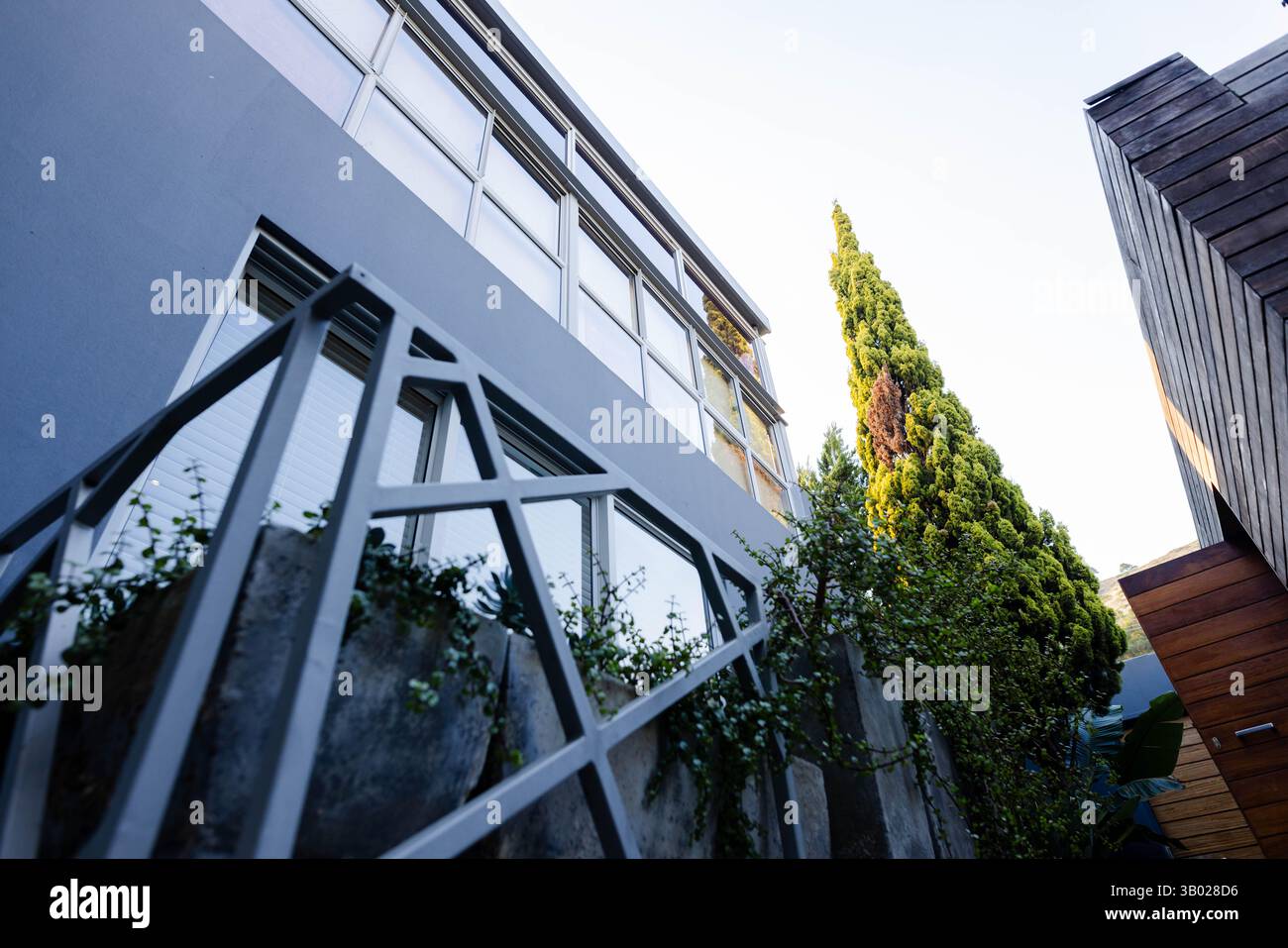 Modern building facade is featuring blue-gray windows in yard, with ...