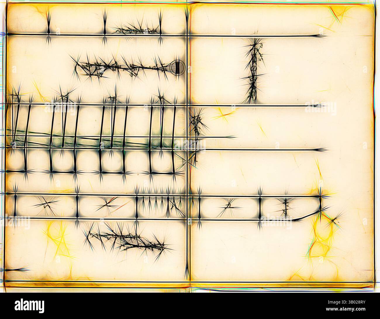 An abstract arrangement of sharp, spiky lines and shapes, creating a ...
