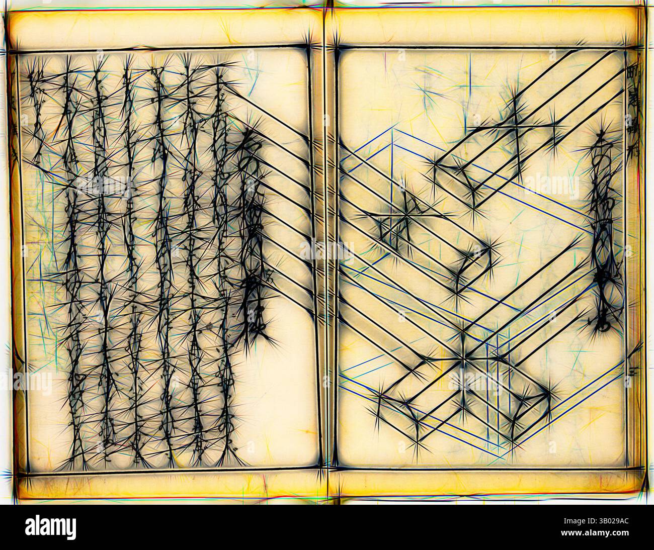 An abstract composition featuring intricate, intertwining lines and ...