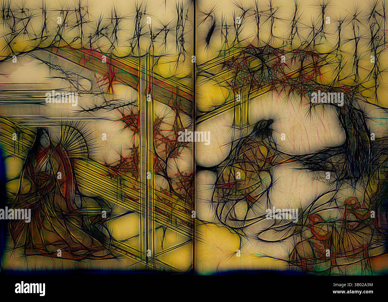 An abstract scene featuring figures and trees, intertwined with dynamic ...