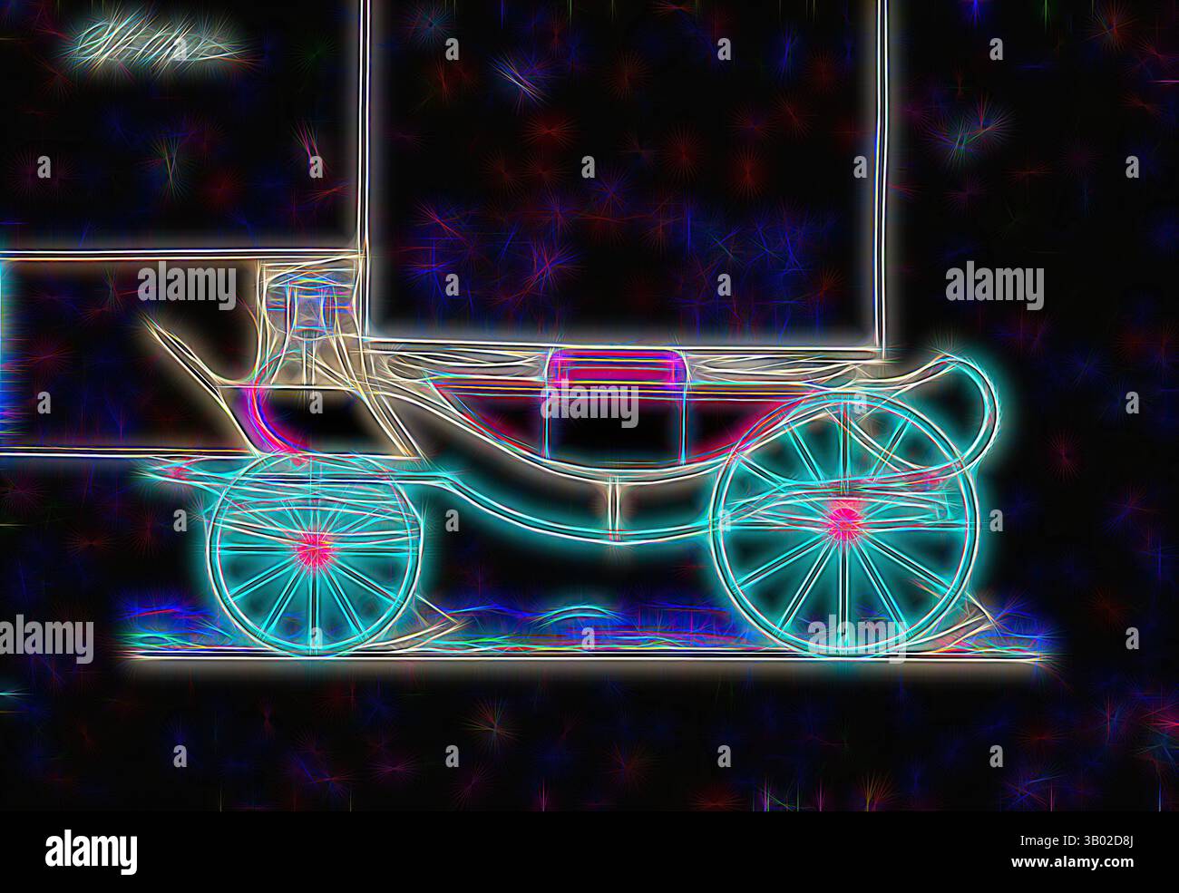 A stylized depiction of a vintage carriage, illuminated with vibrant ...