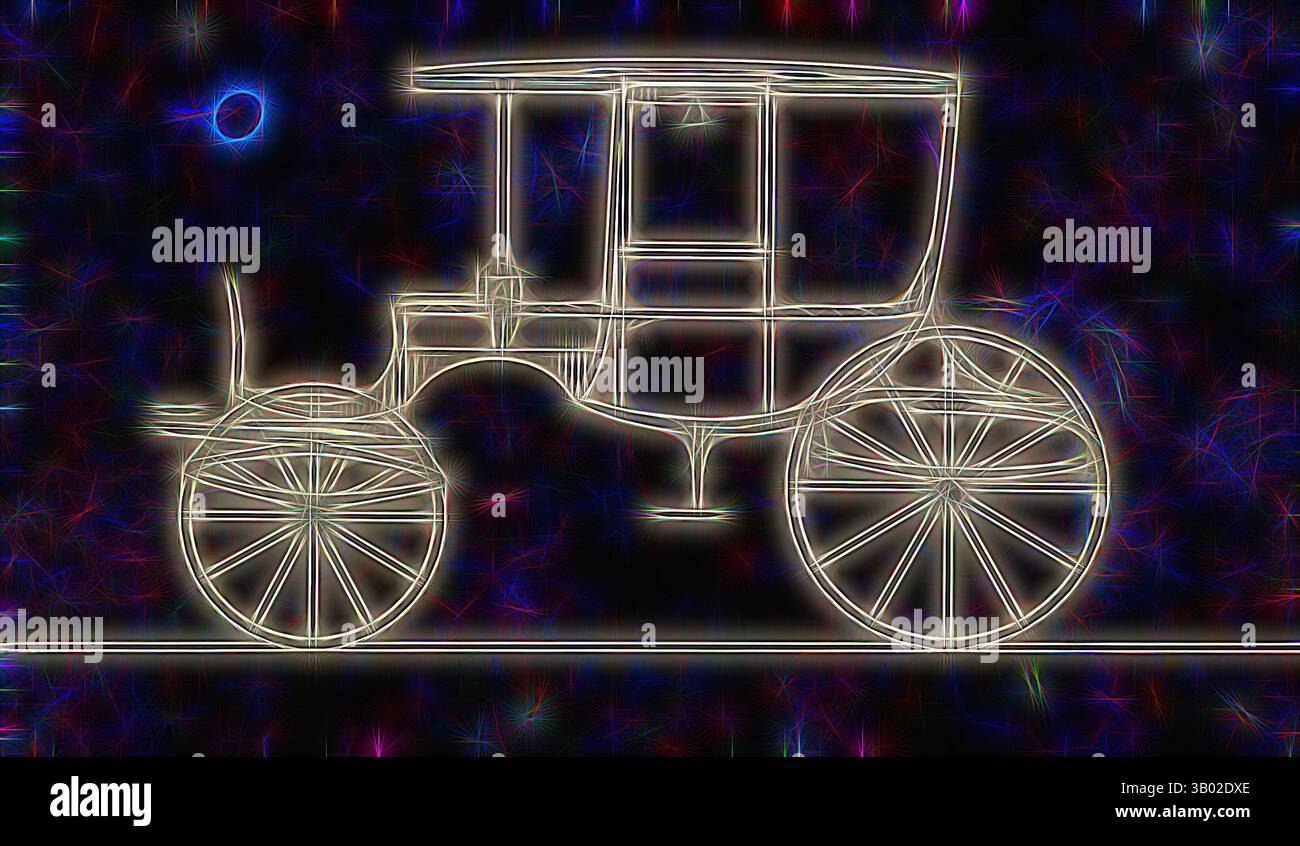 A stylized depiction of a vintage carriage with intricate wheel designs ...