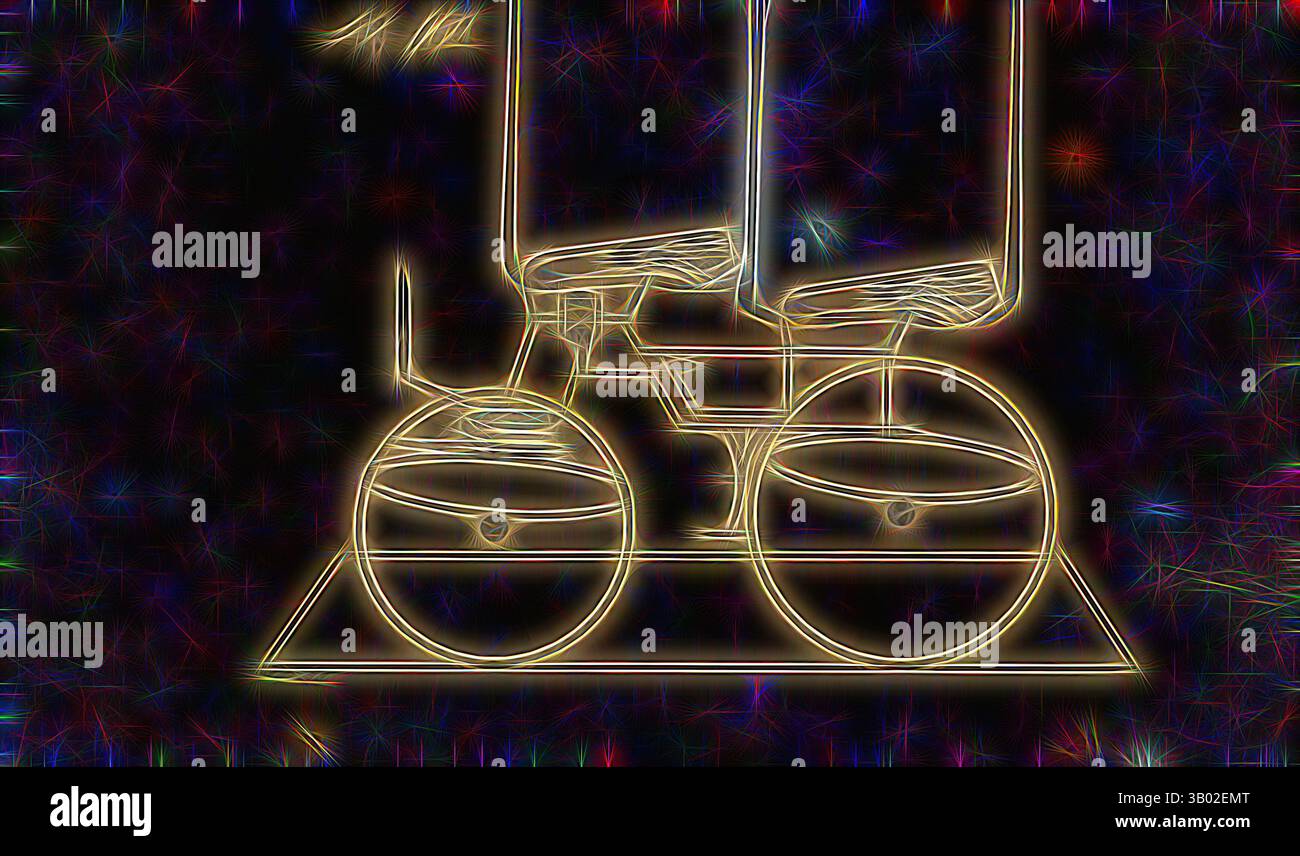 A stylized depiction of a bicycle, featuring exaggerated wheels and ...