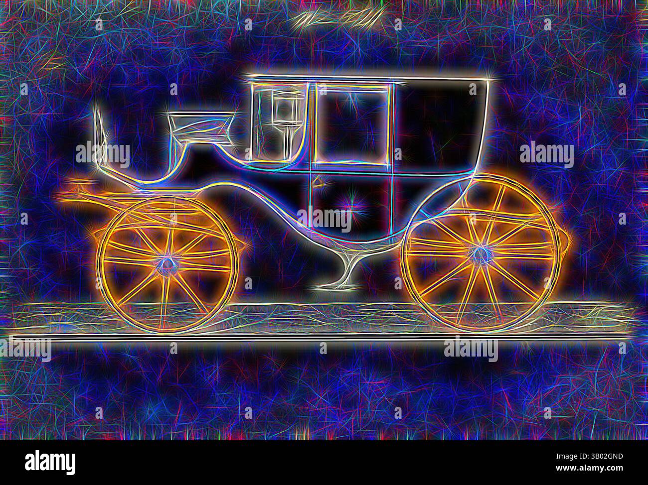 A stylized representation of a vintage carriage, featuring striking ...