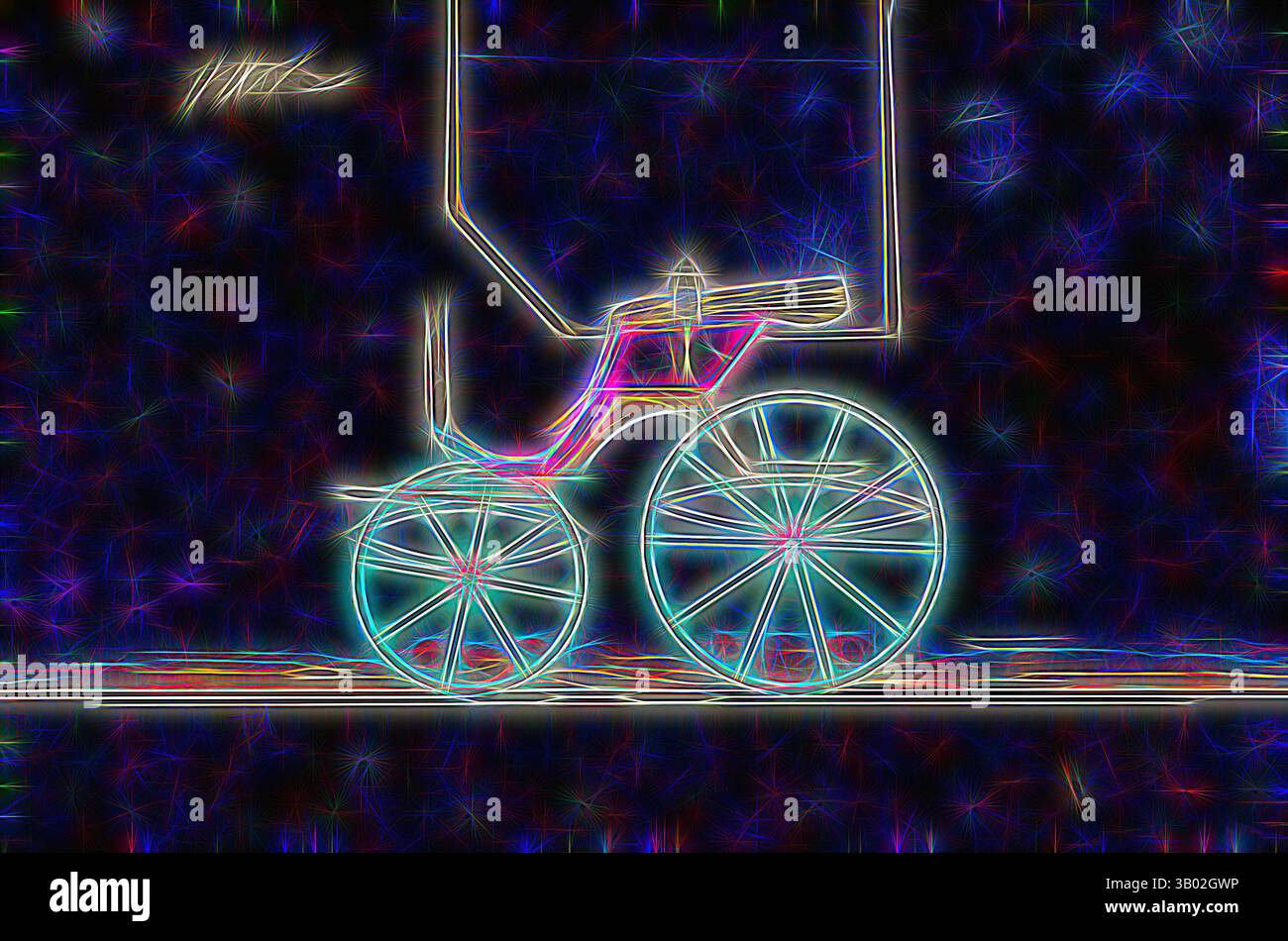 A stylized representation of a vintage carriage, featuring prominent ...