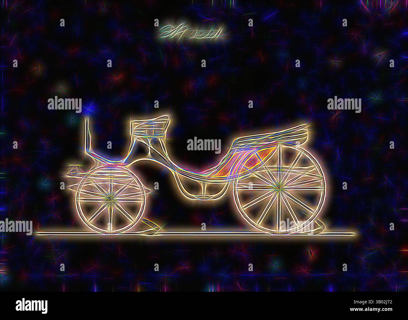 A whimsical illustration of a vintage tricycle, outlined in luminous ...