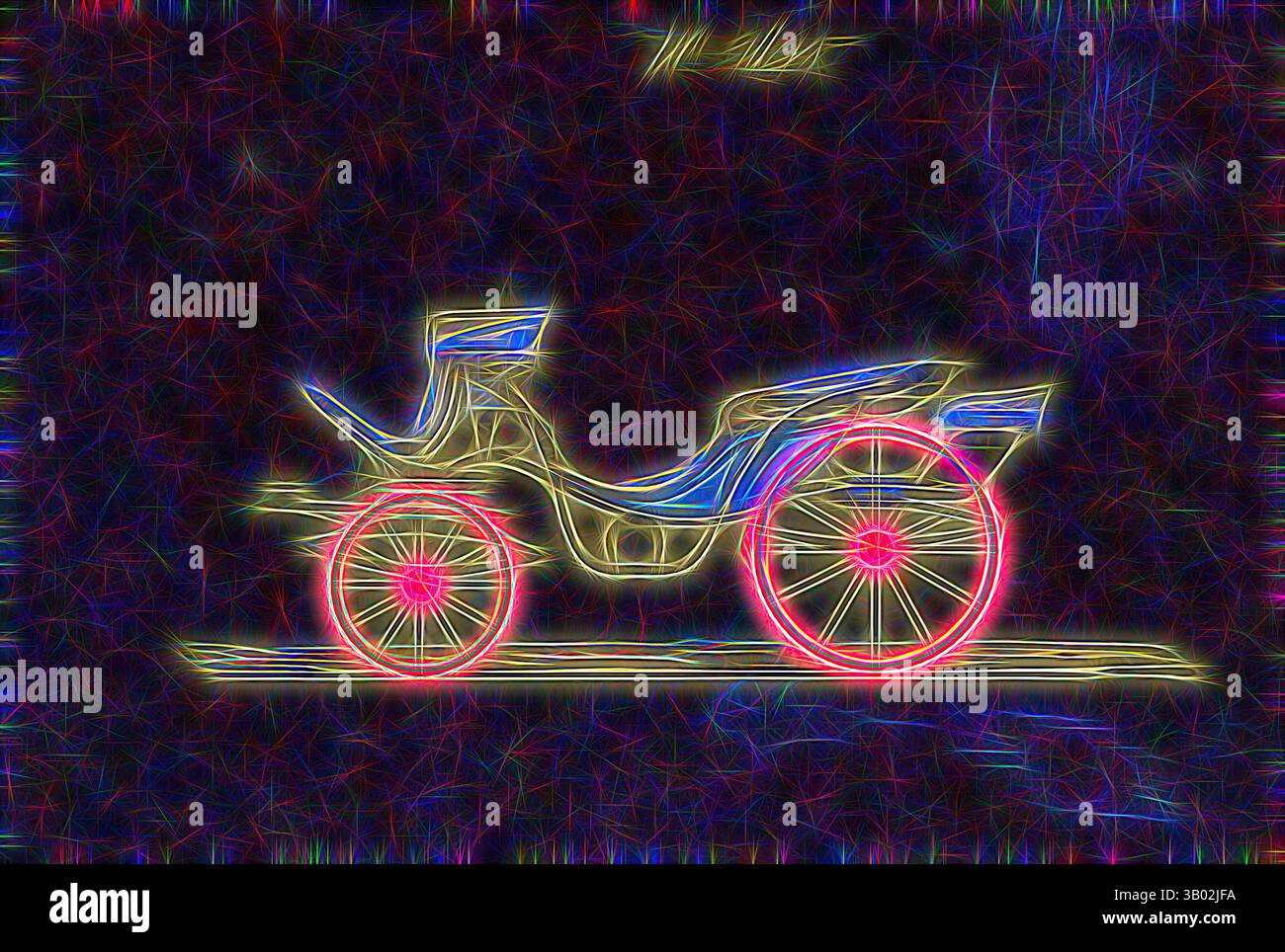 A stylized depiction of a horse-drawn carriage, characterized by ...