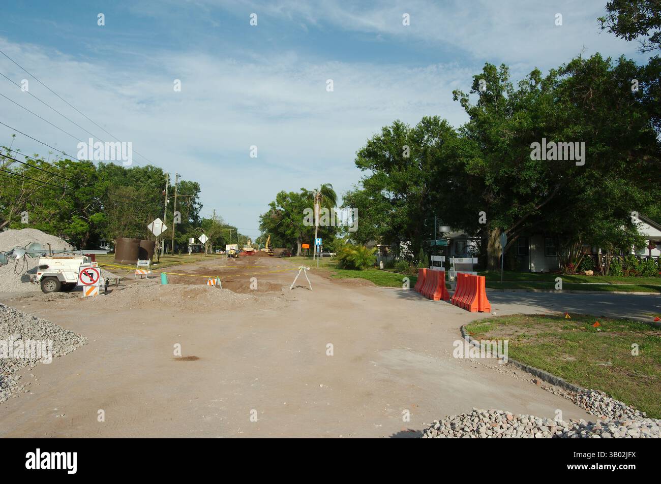 Wide view Road Construction Site with Equipment, Piles of Gravel, and ...