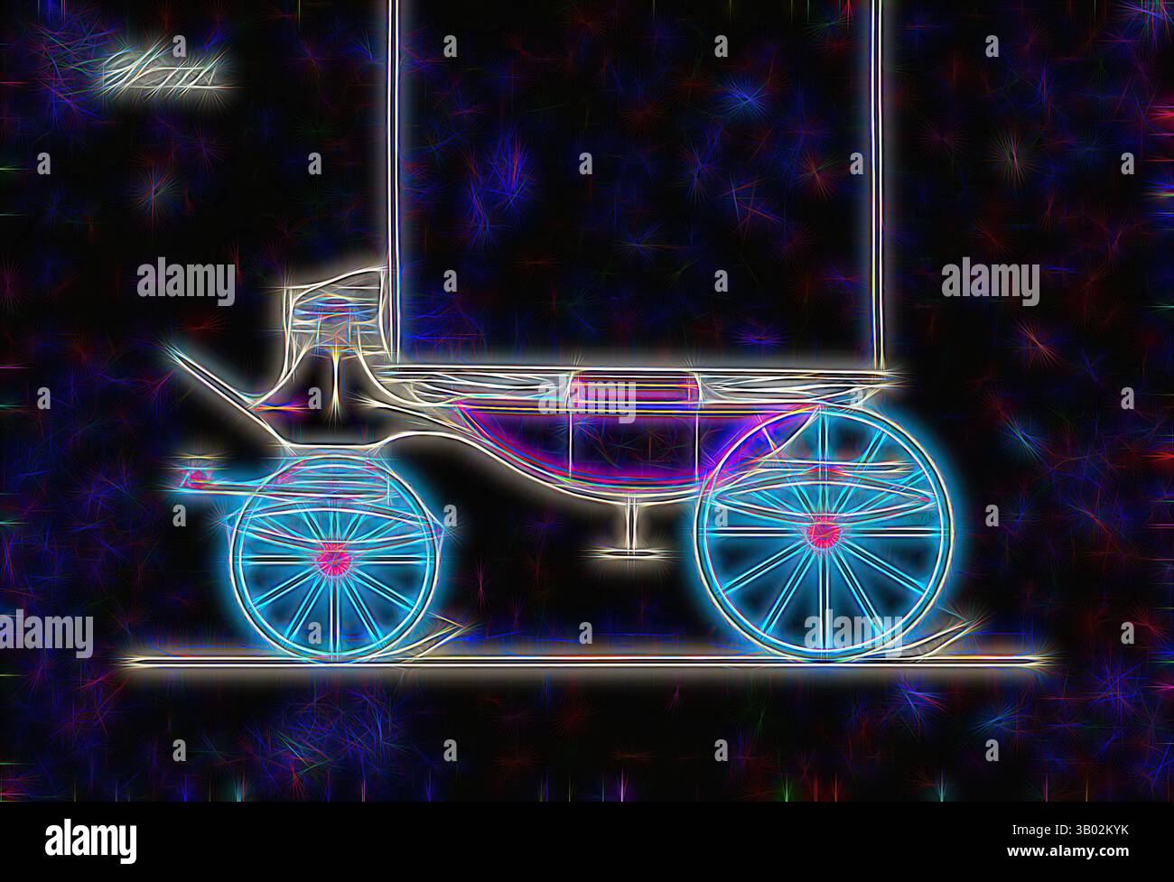 A stylized depiction of a vintage carriage, featuring glowing accents ...