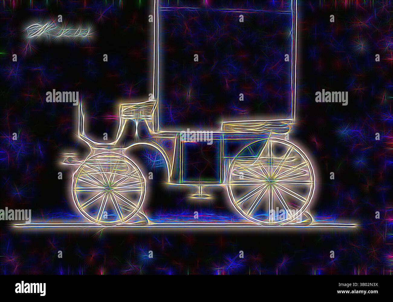 A stylized representation of a vintage carriage features intricate ...