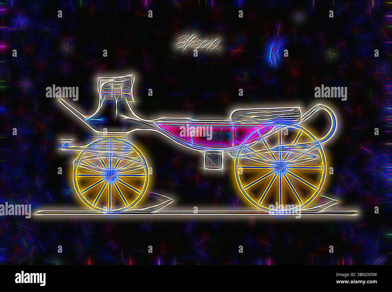 A stylized depiction of a vintage carriage, featuring intricate wheel ...