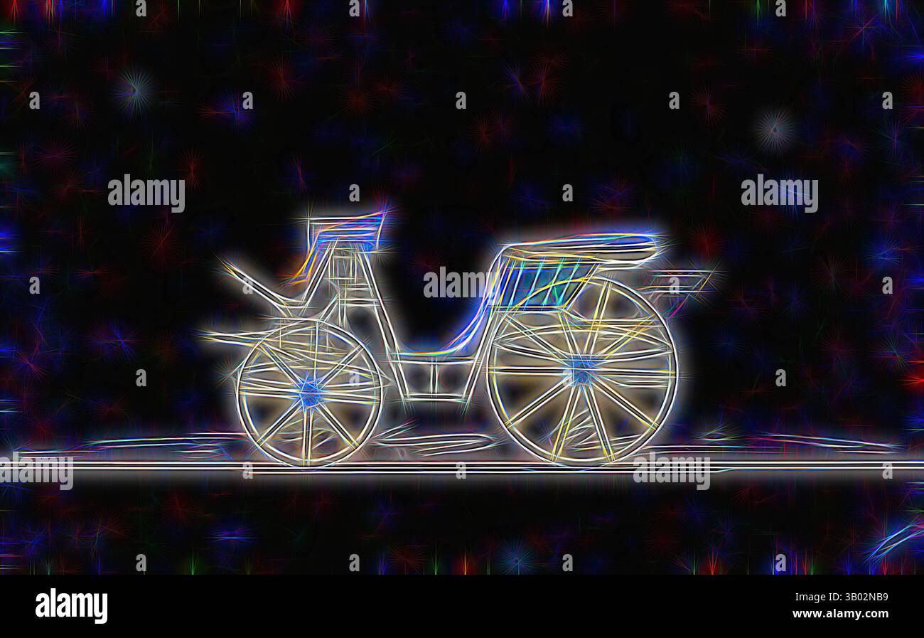 A vintage rickshaw is depicted with a glowing, artistic outline ...