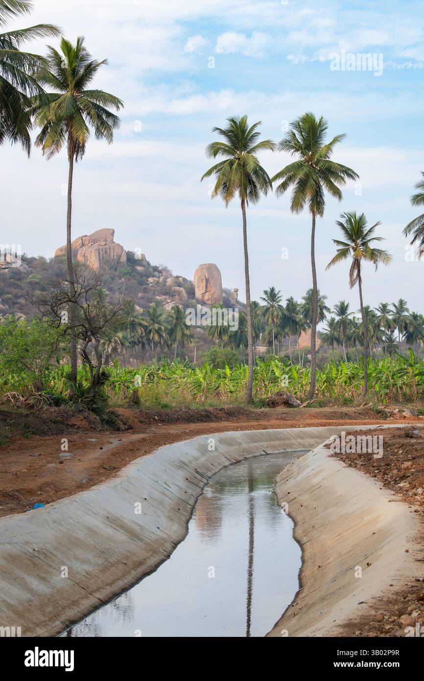 Watering system canal, agricultural fields near Hampi, South India ...