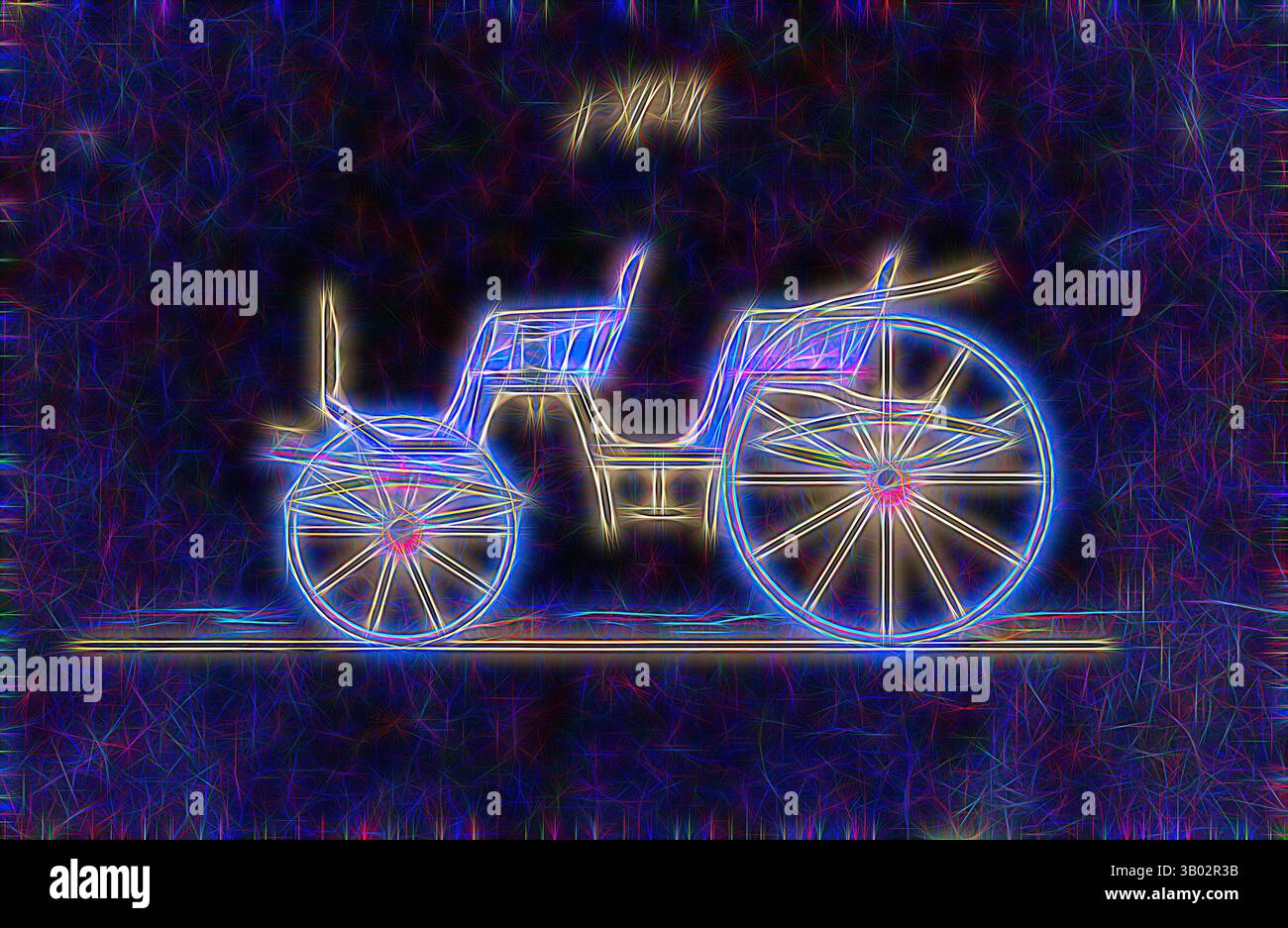 A stylized depiction of a vintage horse-drawn carriage, featuring bold ...
