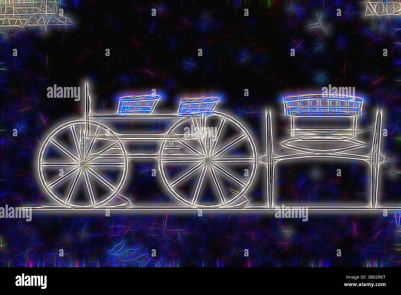 A whimsical representation of a vintage carriage and a simple chair ...