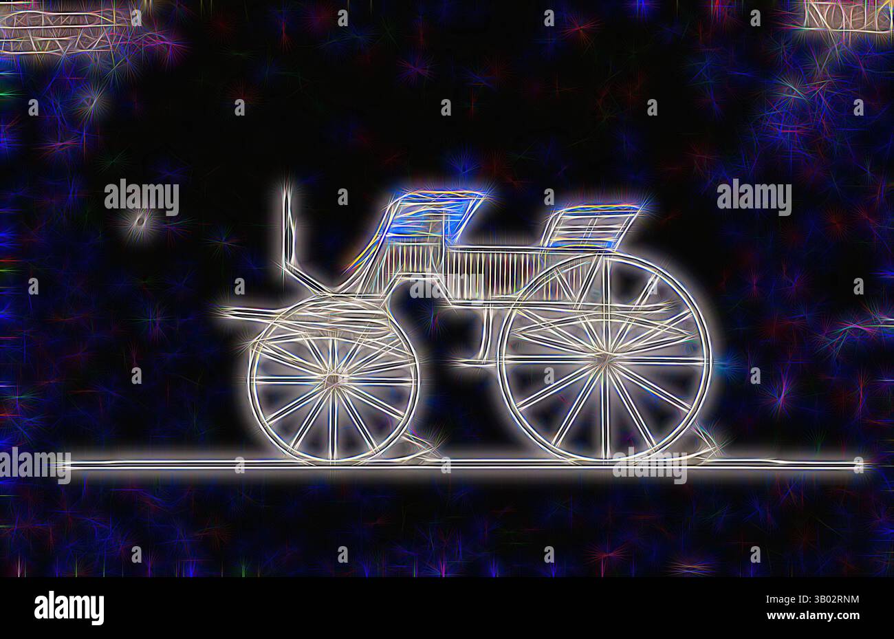 A stylized depiction of a vintage horse-drawn carriage, featuring ...