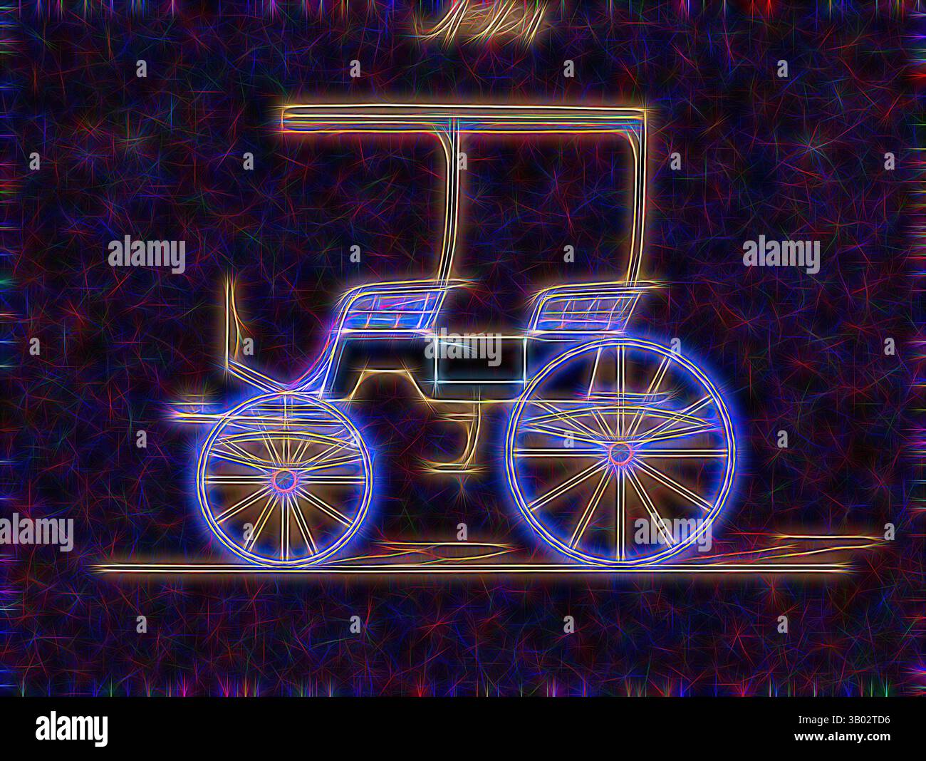 A stylized depiction of a vintage carriage, characterized by glowing ...