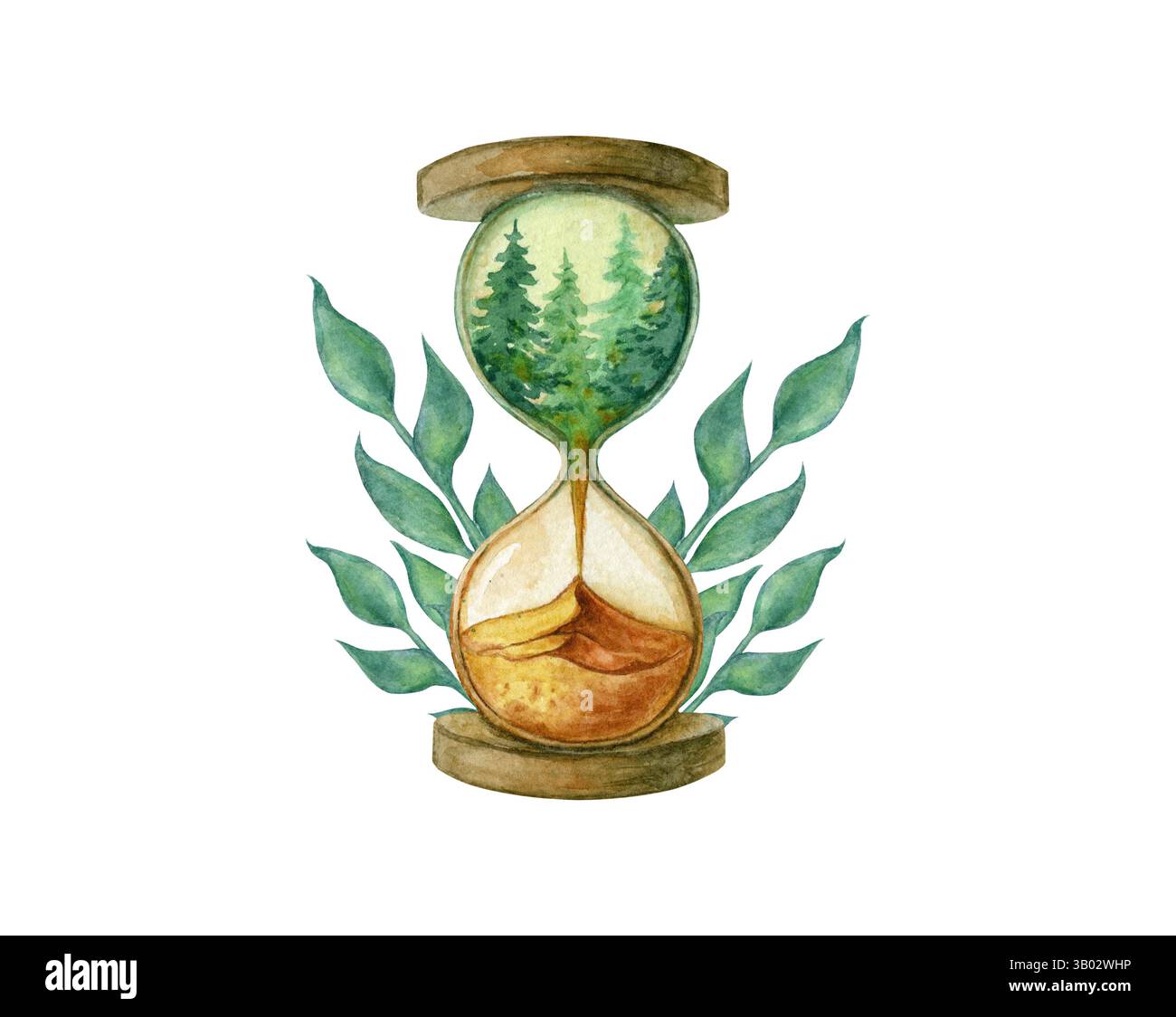 Watercolor illustration of forest conservation hourglass with tree ...