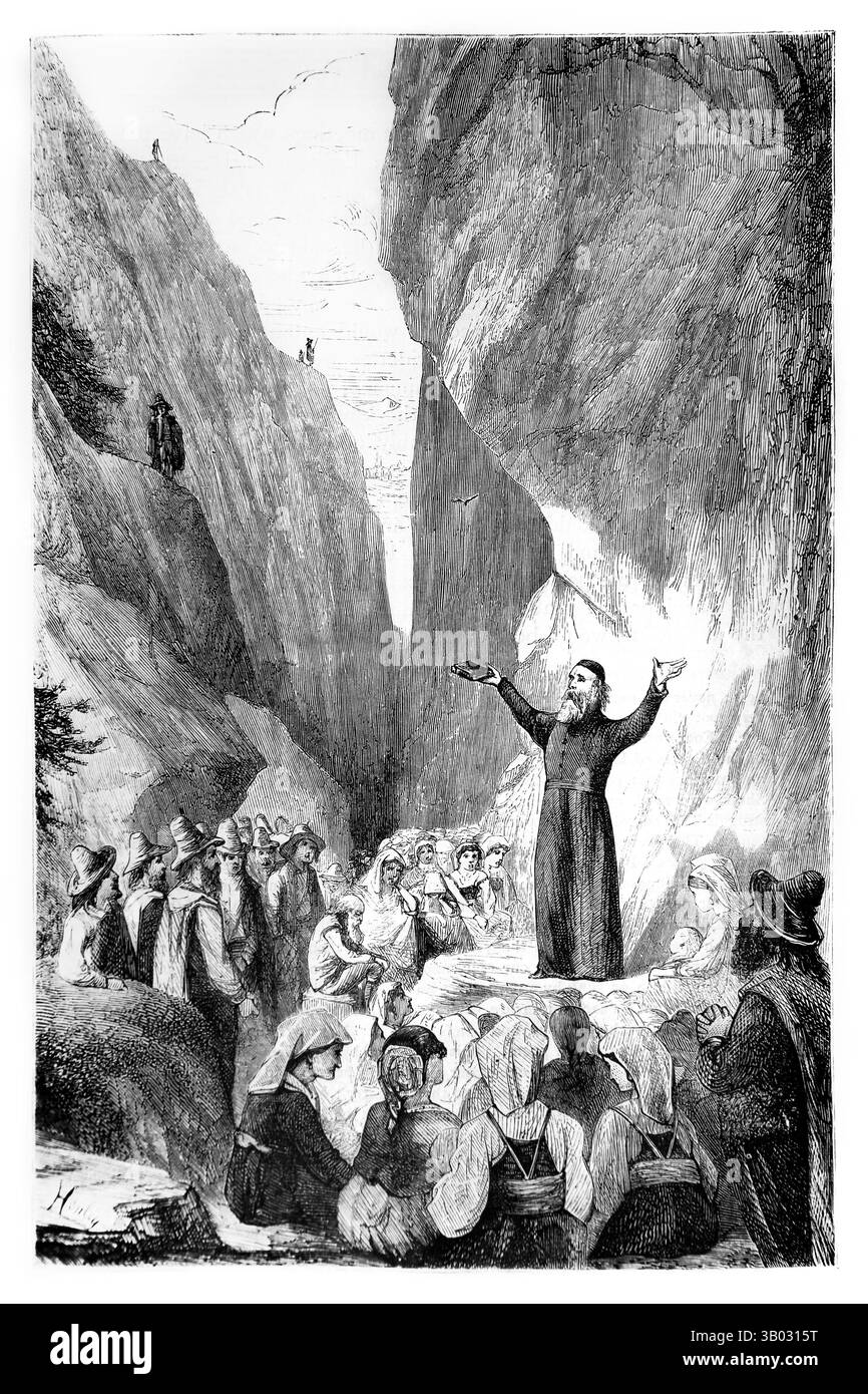 Illustration of the Huguenots worshipping at an Assembly in the Desert ...