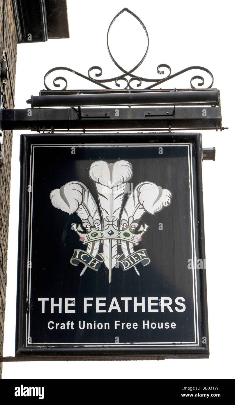 Traditional hanging pub sign at The Feathers public house, Market Gates ...