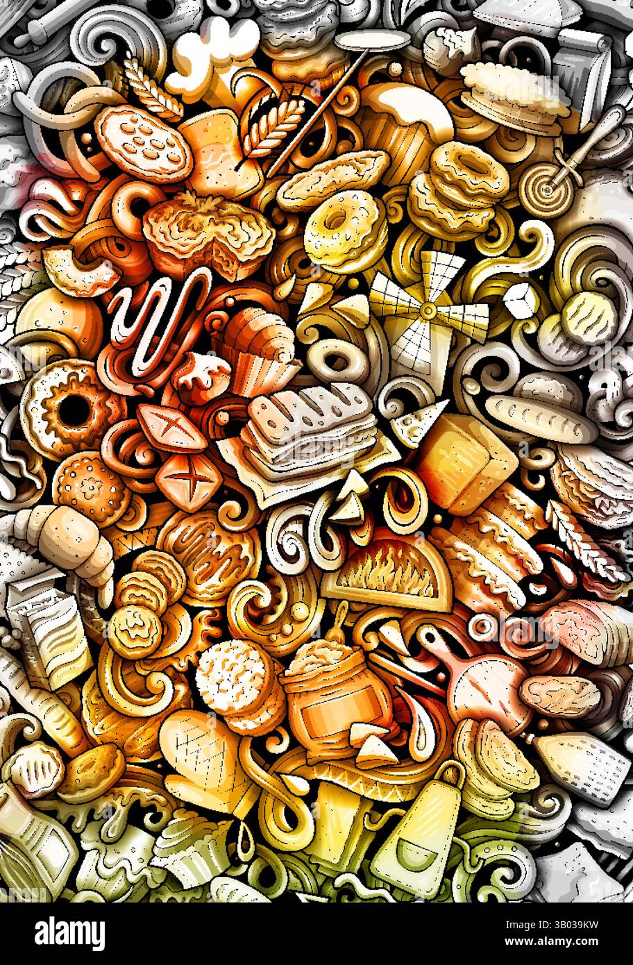 Cartoon vector doodle Bakery background. Funny Bakehouse watercolor ...