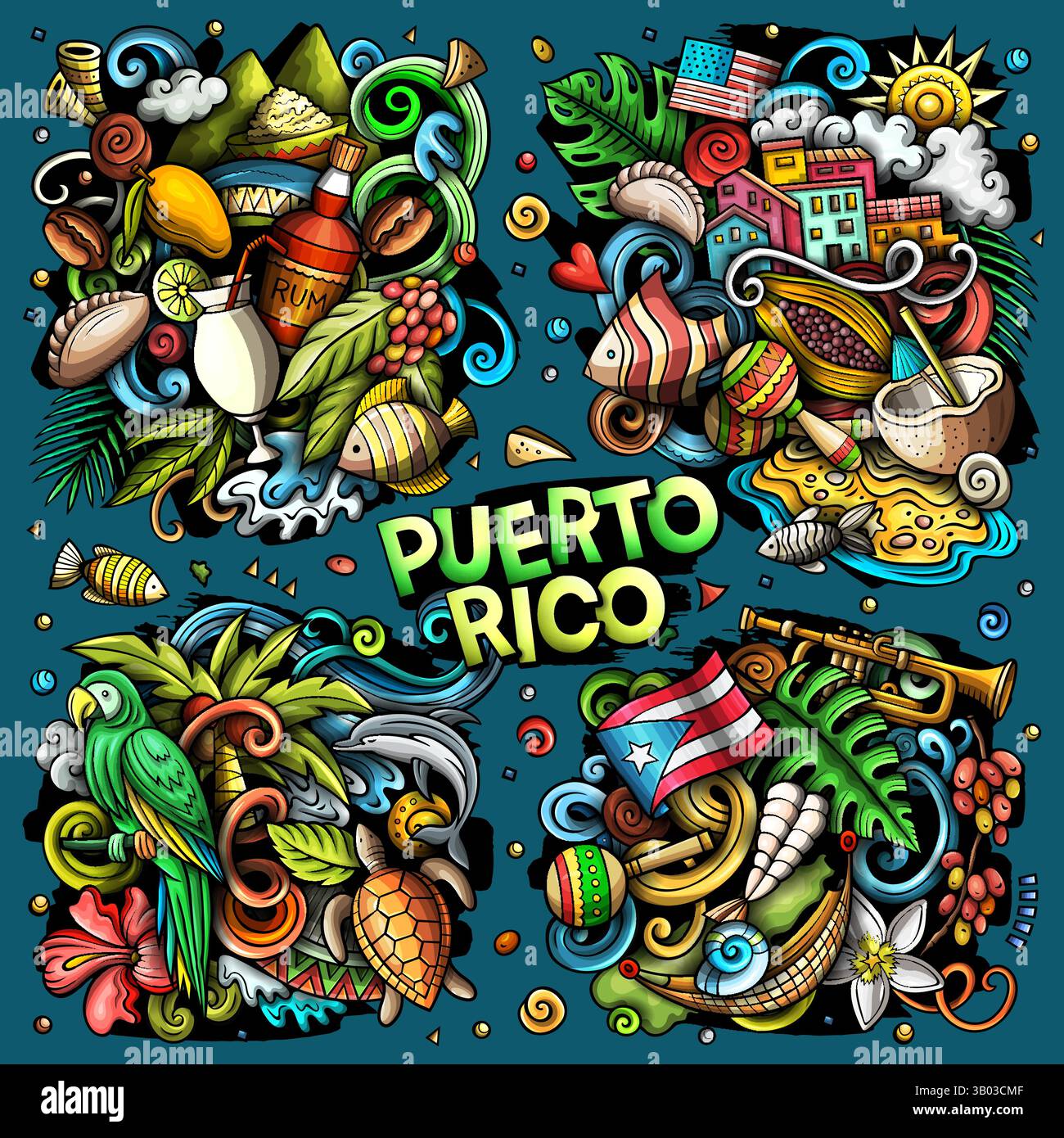 Puerto Rico cartoon vector doodle designs set. Colorful detailed compositions with lot of Puerto ...