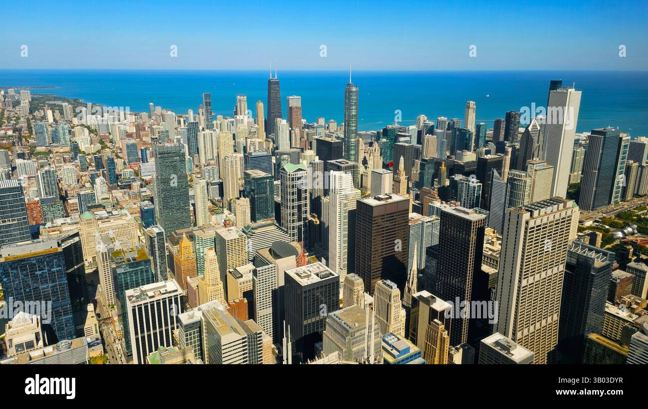 Aerial View of Downtown Chicago Skyline by Lake Michigan. High-altitude ...