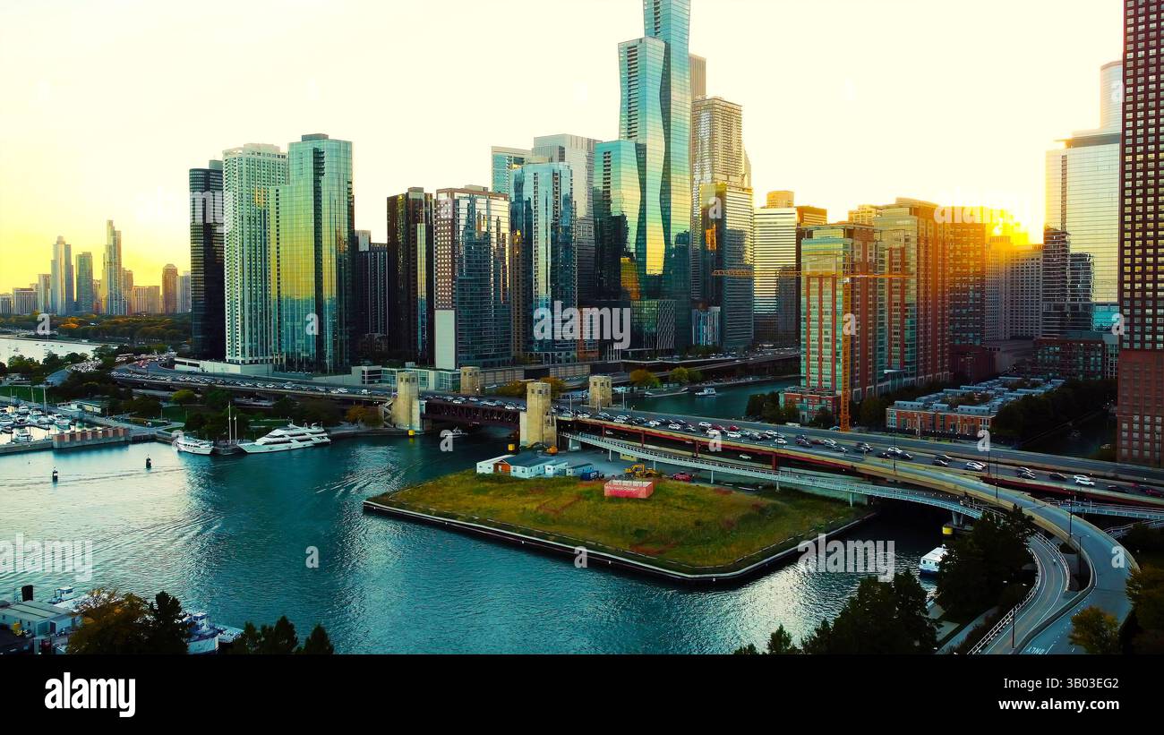 Chicago River Skyline with Modern Skyscrapers at Sunset. Aerial view of ...