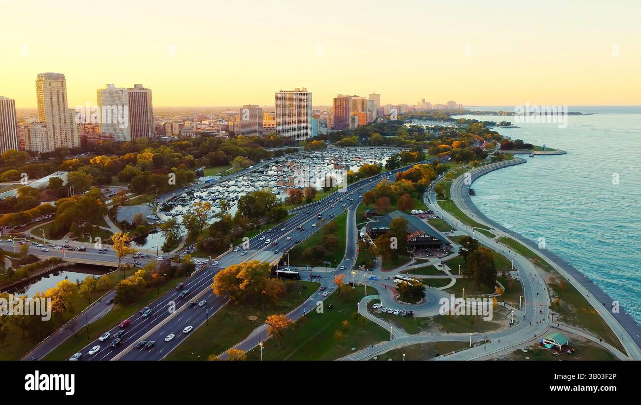 Chicago Lakefront Park and Marina at Sunset. Aerial view of Chicago ...