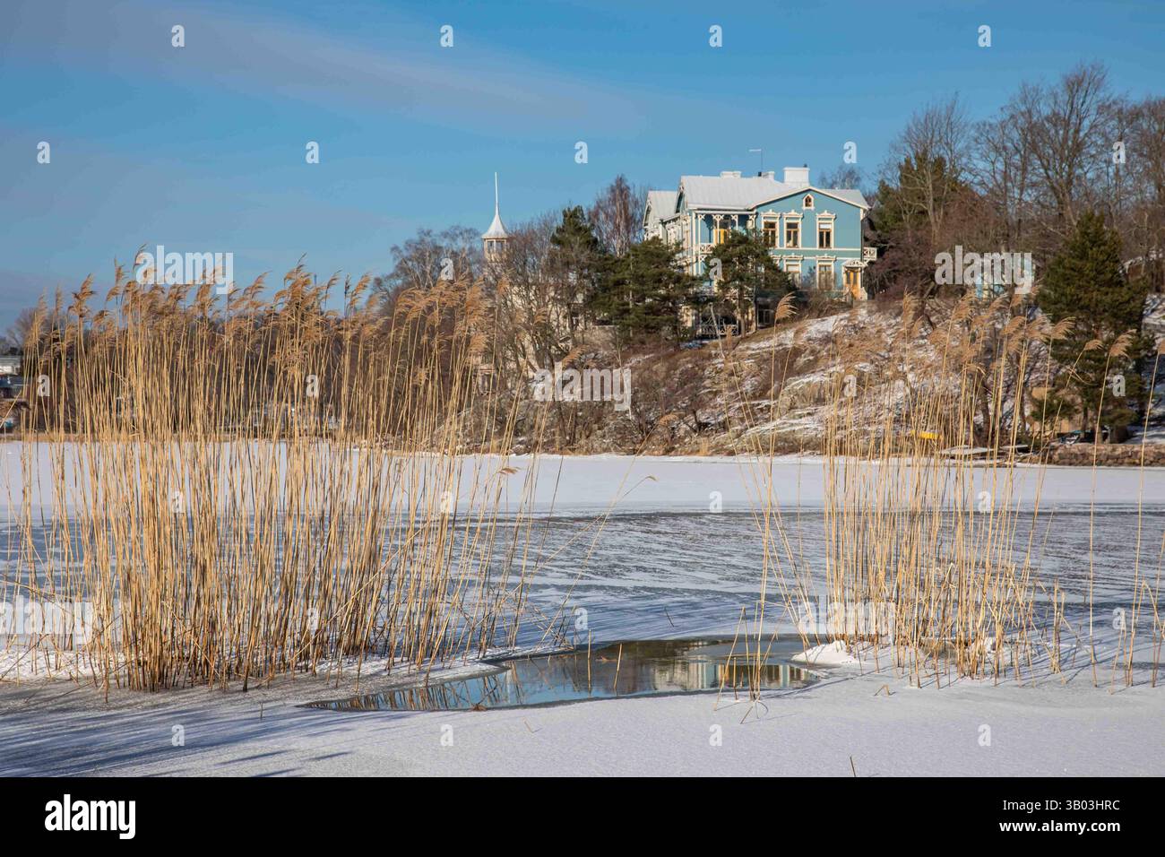 Patch of open water on frozen Töölönlahti Bay in Helsinki, Finland ...
