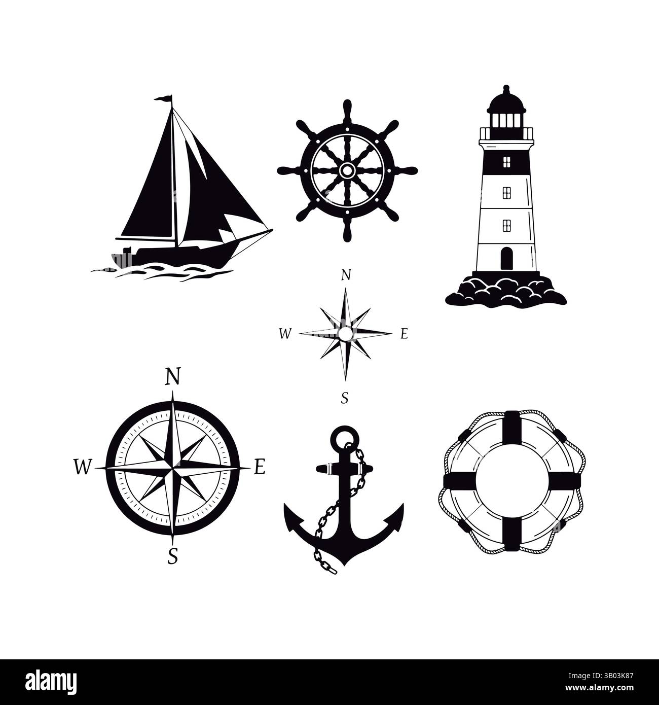 Marine Symbol Collection Black and White Nautical Elements. Sailboat ...