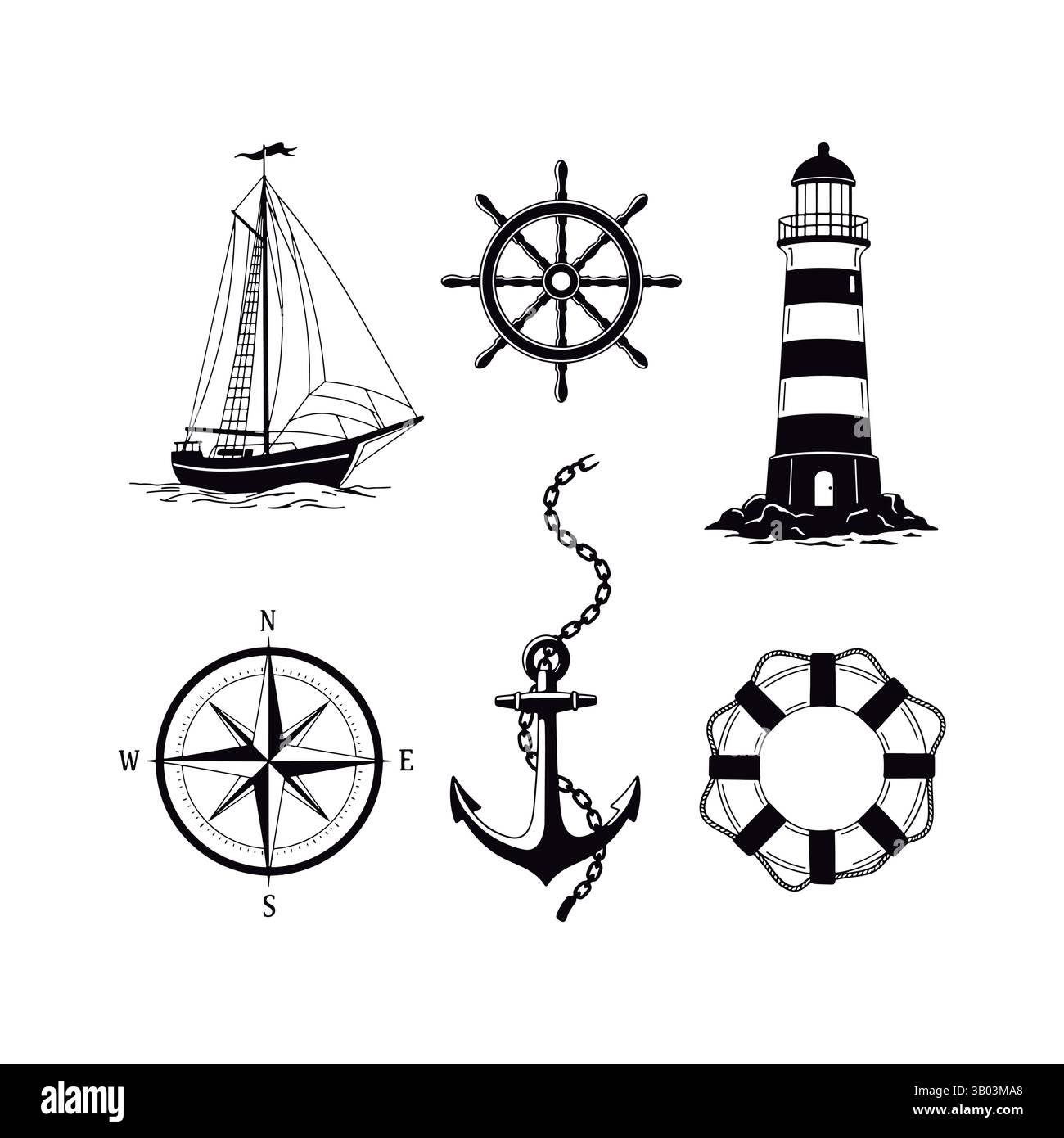 Marine Symbol Collection Black and White Nautical Elements. Sailboat, Ship Wheel, Lighthouse ...