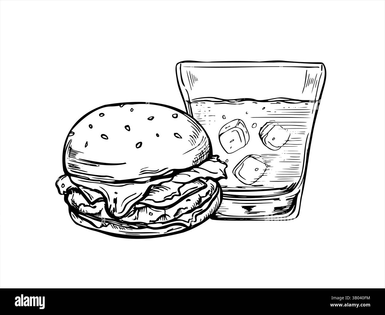 Monochrome burger and drink glass with ice black ink vector ...
