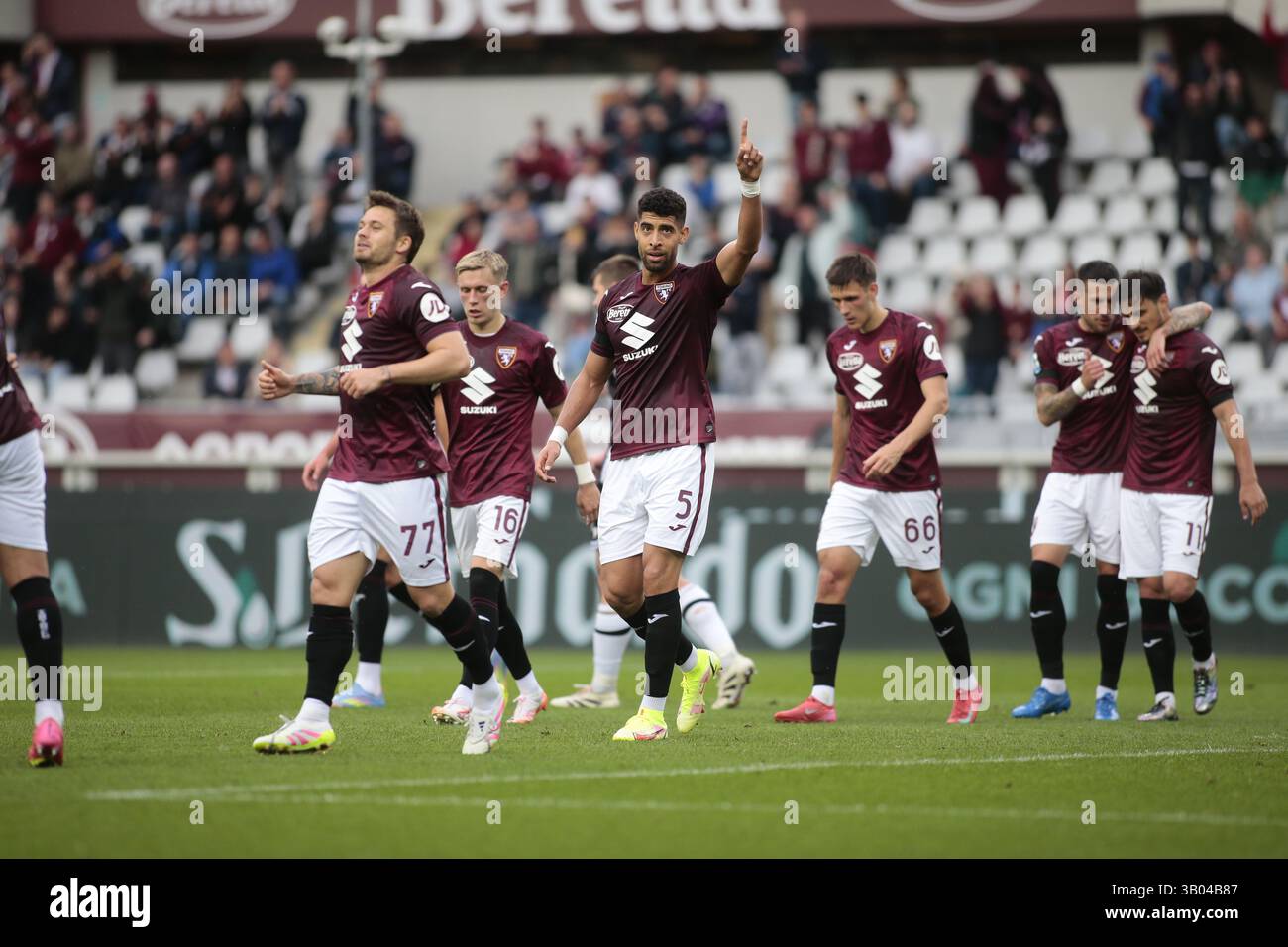 Turin, Italy. 23rd Apr, 2025. Adam Masina of Torino FC celebrating with ...