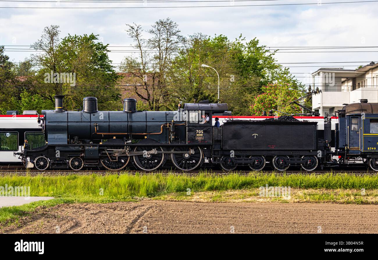 Bassersdorf, Switzerland, 5th Mai 2024:The steam locomotive A 3/5 705 ...