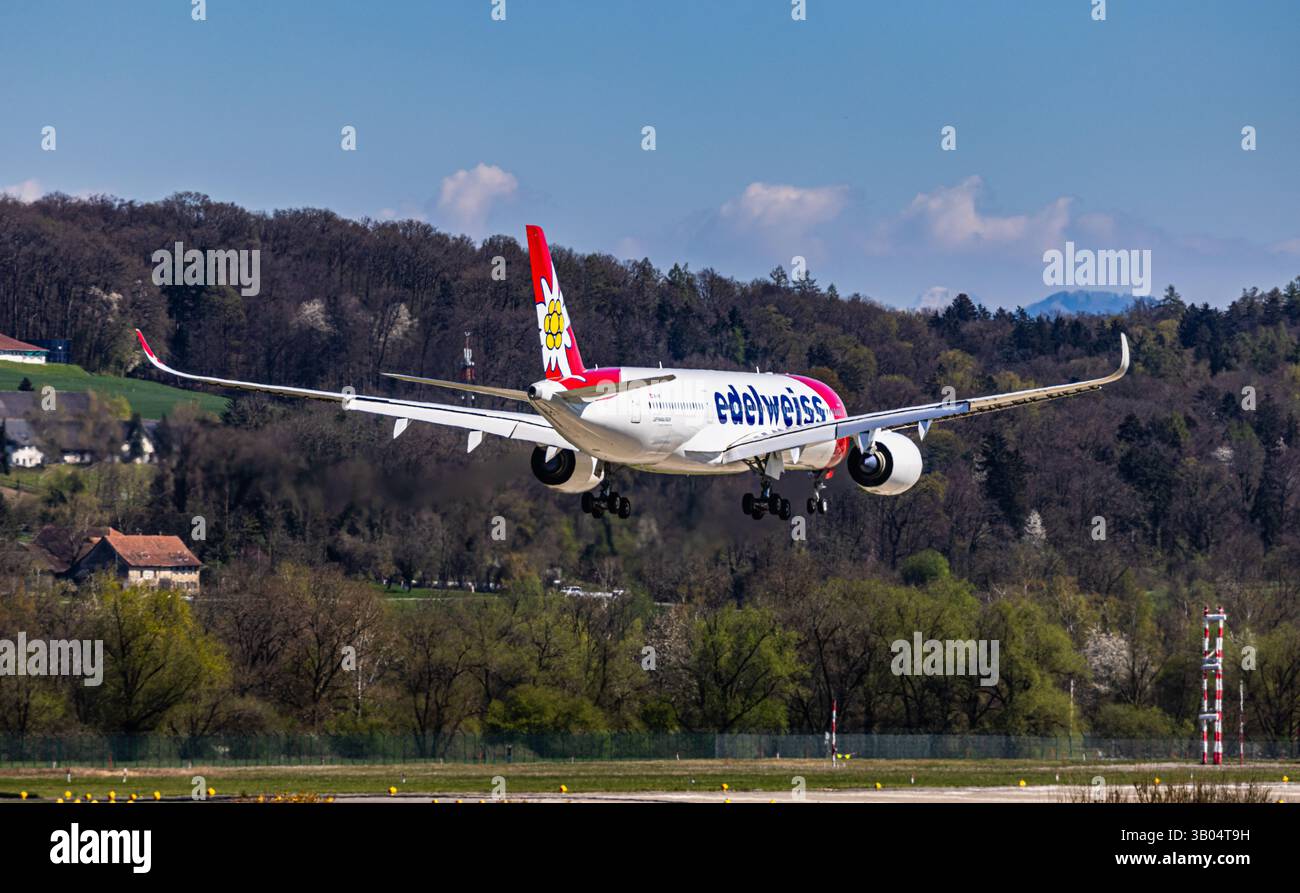 Zurich, Switzerland, 6th Apr 2025: An Airbus A350-941 from Edelweiss is ...